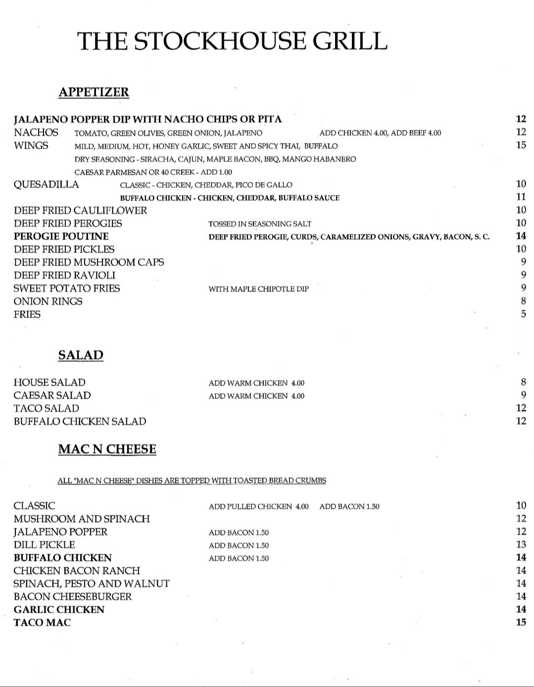 Menu at The Stockhouse Grill pub & bar, Sault Ste. Marie