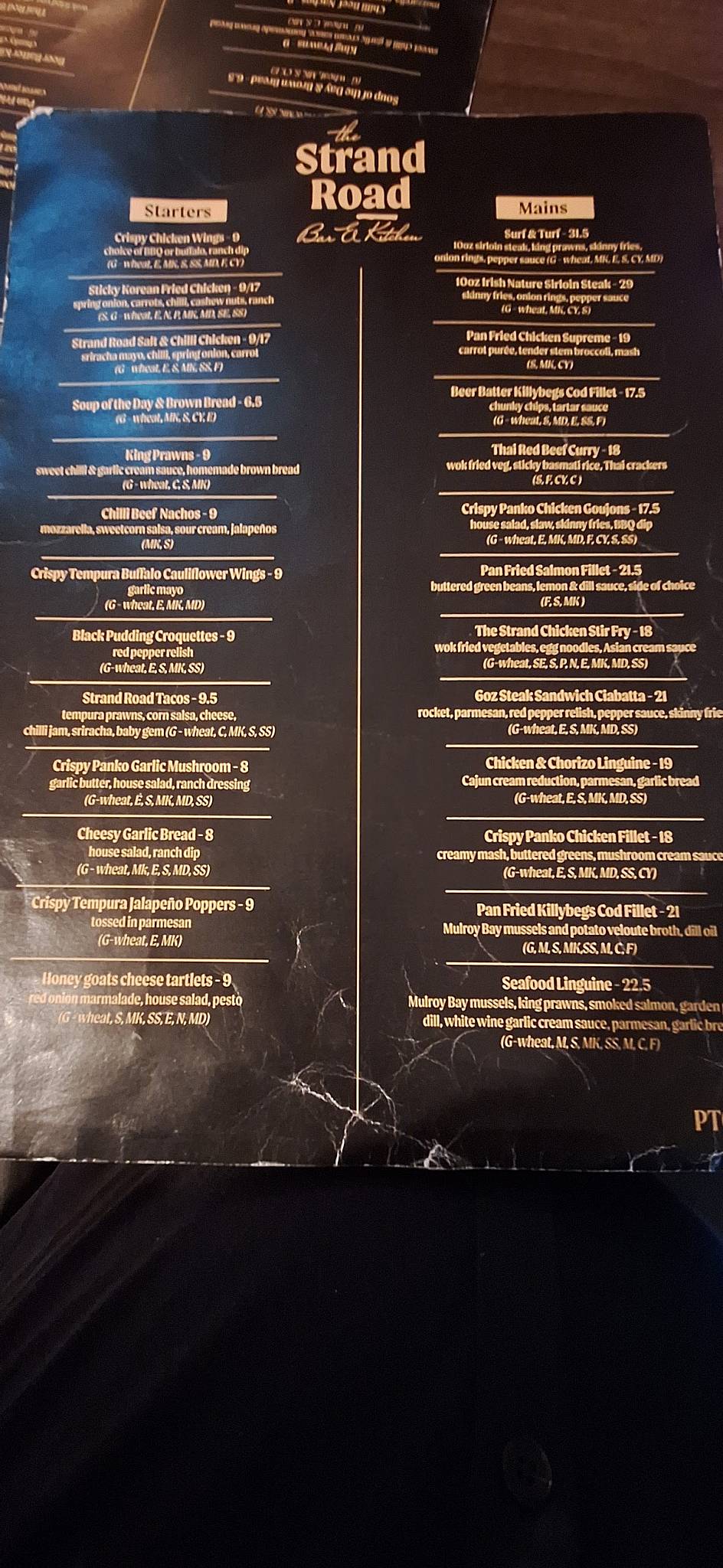 Menu at The Strand Road pub & bar, Ireland