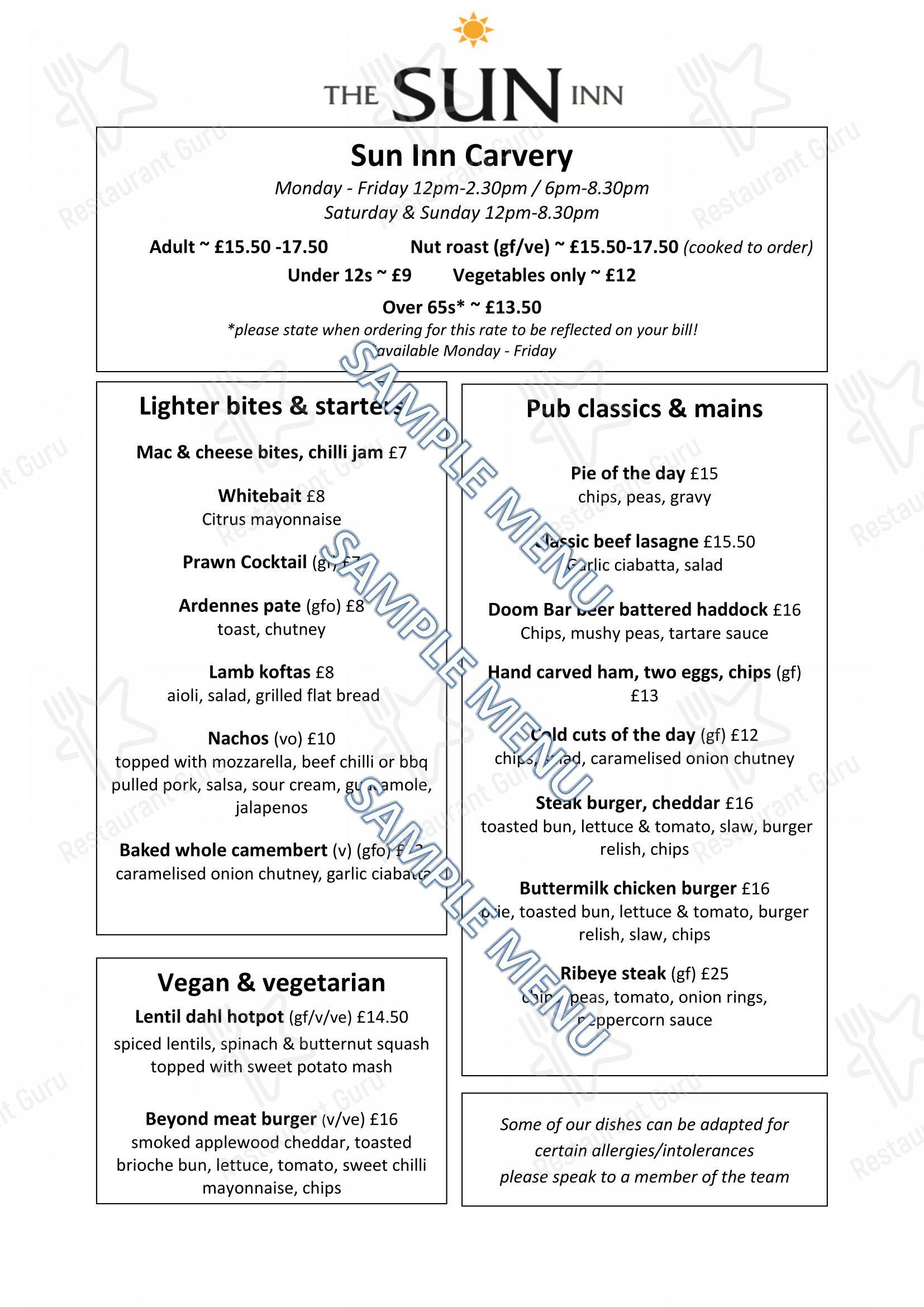 Menu at The Sun Inn pub & bar, Dorchester