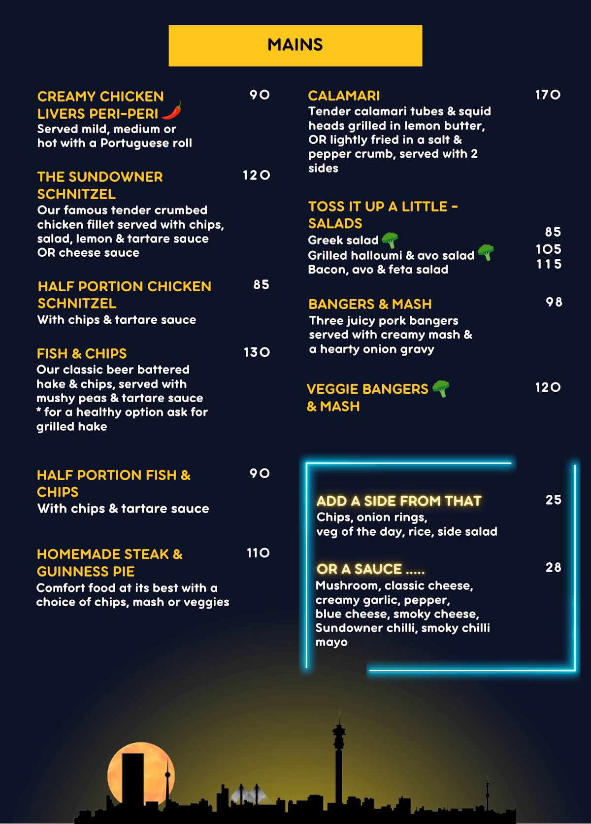 Menu at The Sundowner Bar and Eatery, Randburg