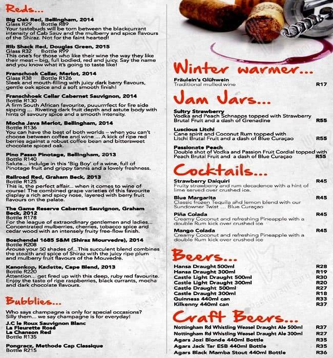 Menu at The Sundowner Bar and Eatery, Randburg