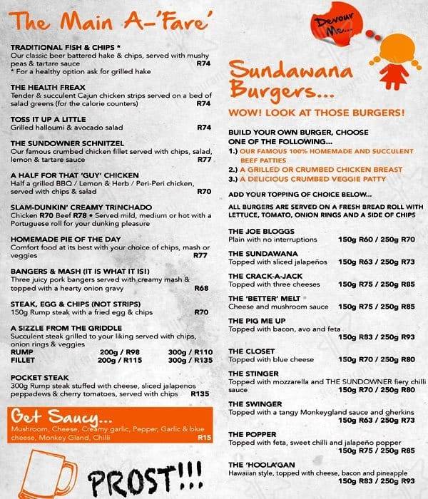 Menu at The Sundowner Bar and Eatery, Randburg