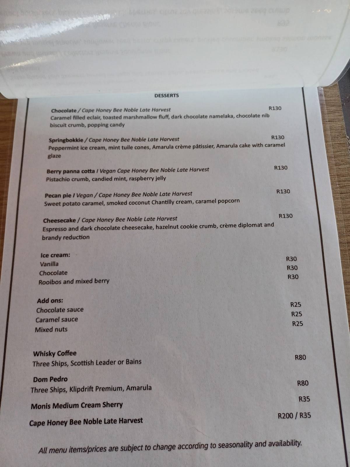 Menu at The Tangram Restaurant, Cape Town