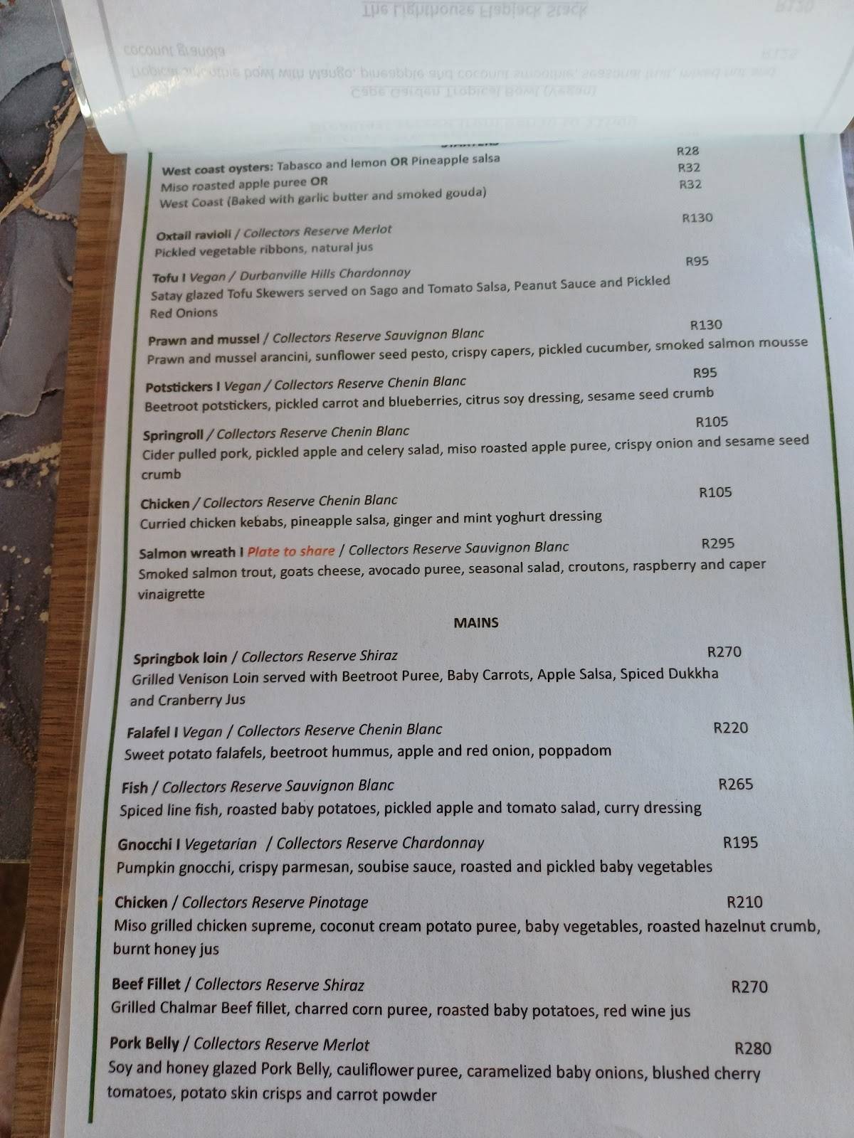 Menu at The Tangram Restaurant, Cape Town