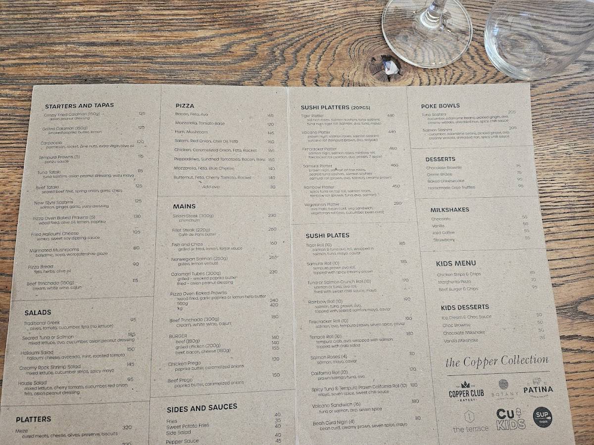 Menu at The Terrace @ D'Aria restaurant, Cape Town