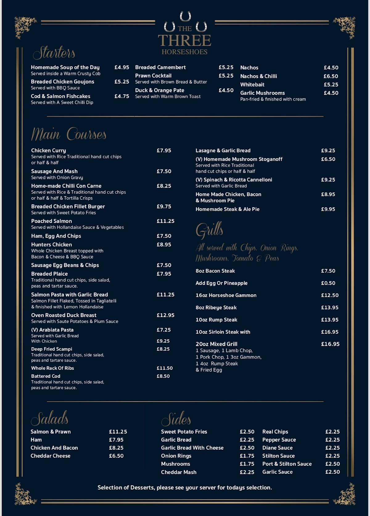 Menu at The Three Horseshoes Inn pub & bar, Newbridge