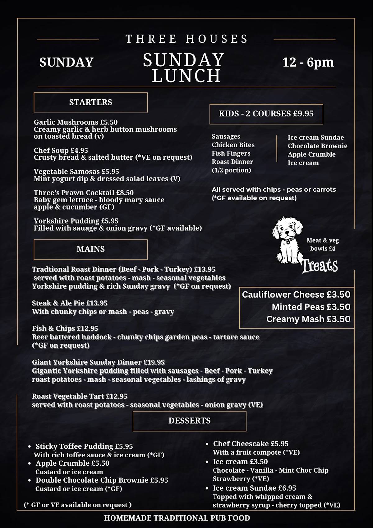 Menu at The Three Houses restaurant, Wakefield