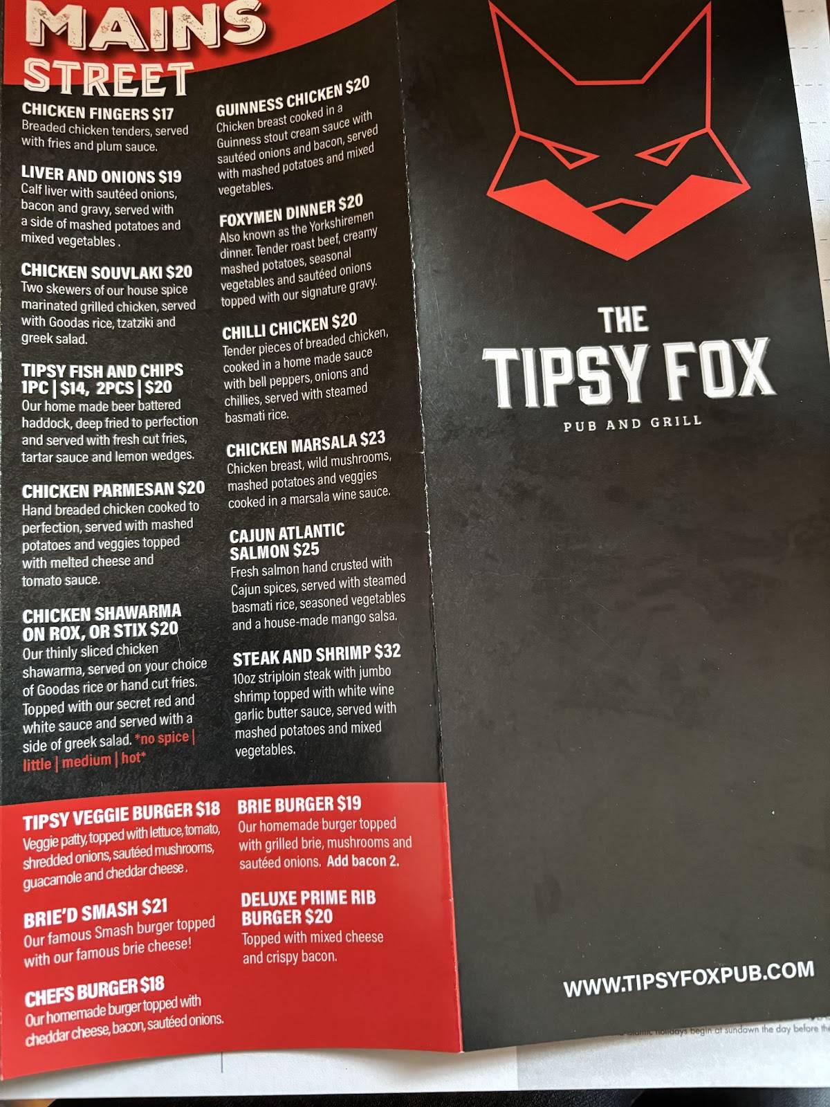 Menu at The Tipsy Fox Pub & Grill - Erin, Erin