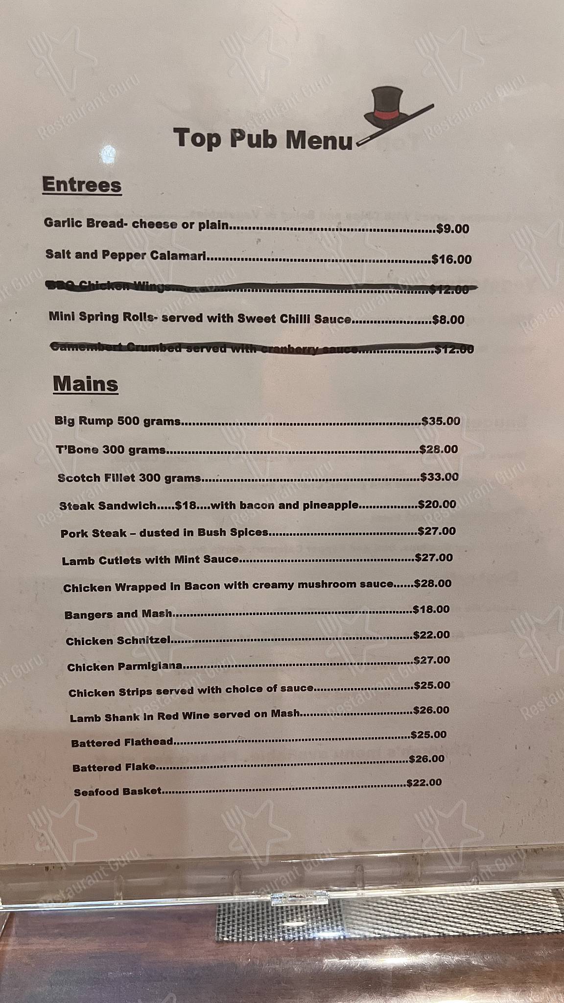Menu at The Top Pub, Rosebery