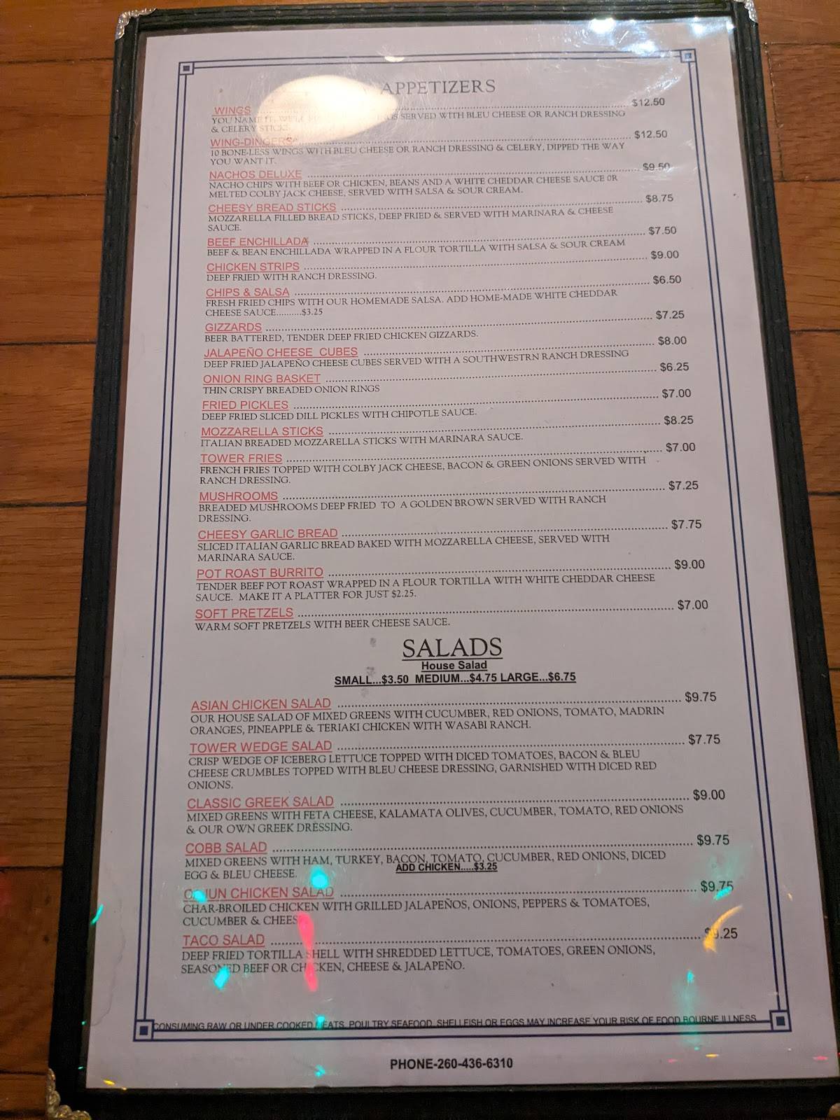 Menu at The Tower Bar & Grill, Fort Wayne