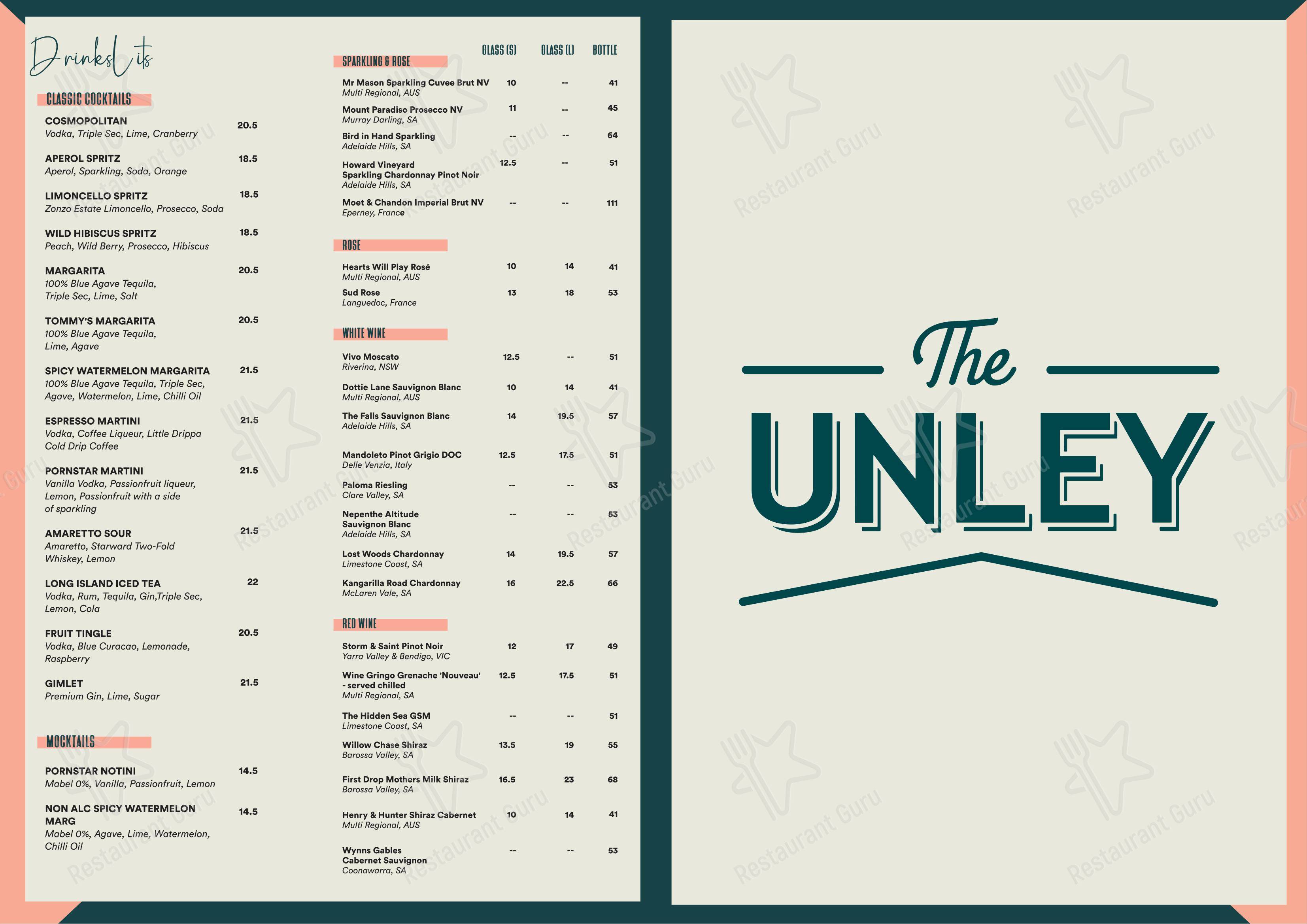 Carta del pub y bar The Unley, Unley, 27 Unley Rd