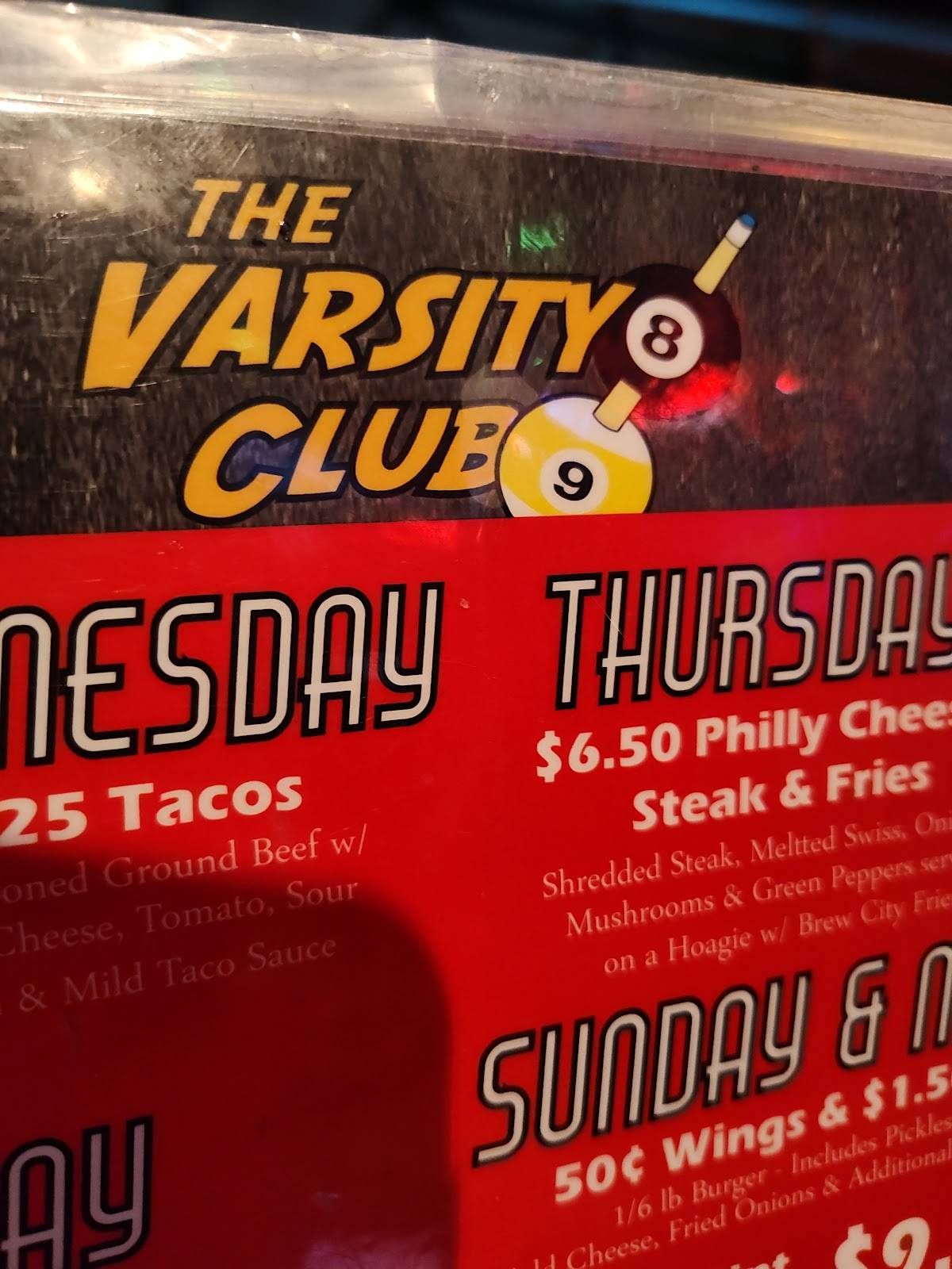 Menu at The Varsity Club, Oshkosh