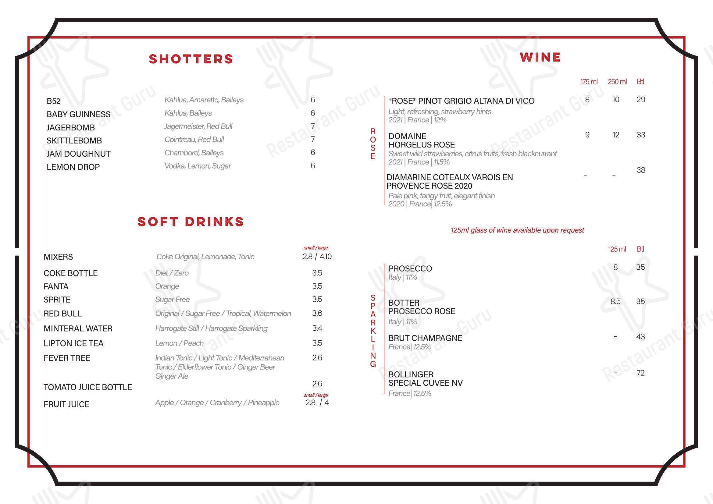 Carta del pub y bar The Vault 1894, Londres