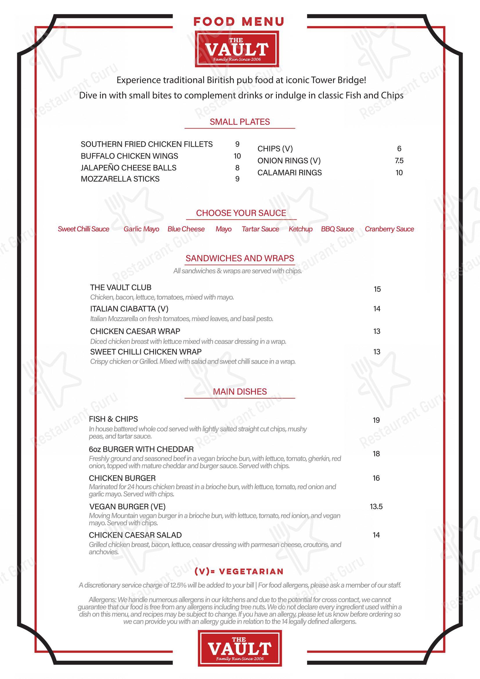 Carta del pub y bar The Vault 1894, Londres