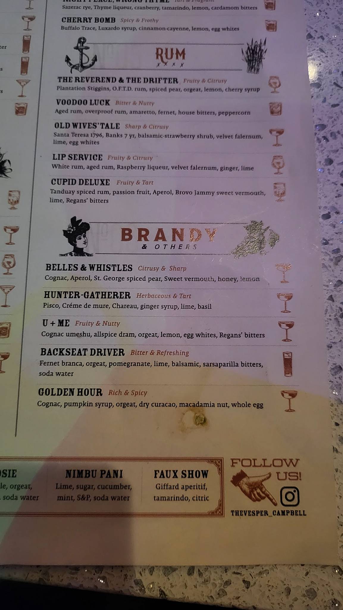 Menu at The Vesper pub & bar, Campbell