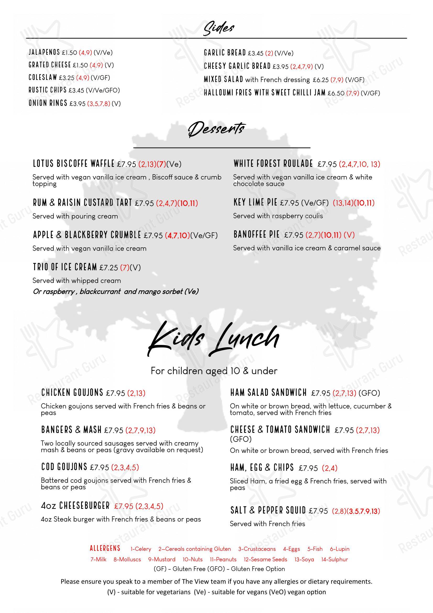Menu at The View Wootton Wawen restaurant, Henley-in-Arden