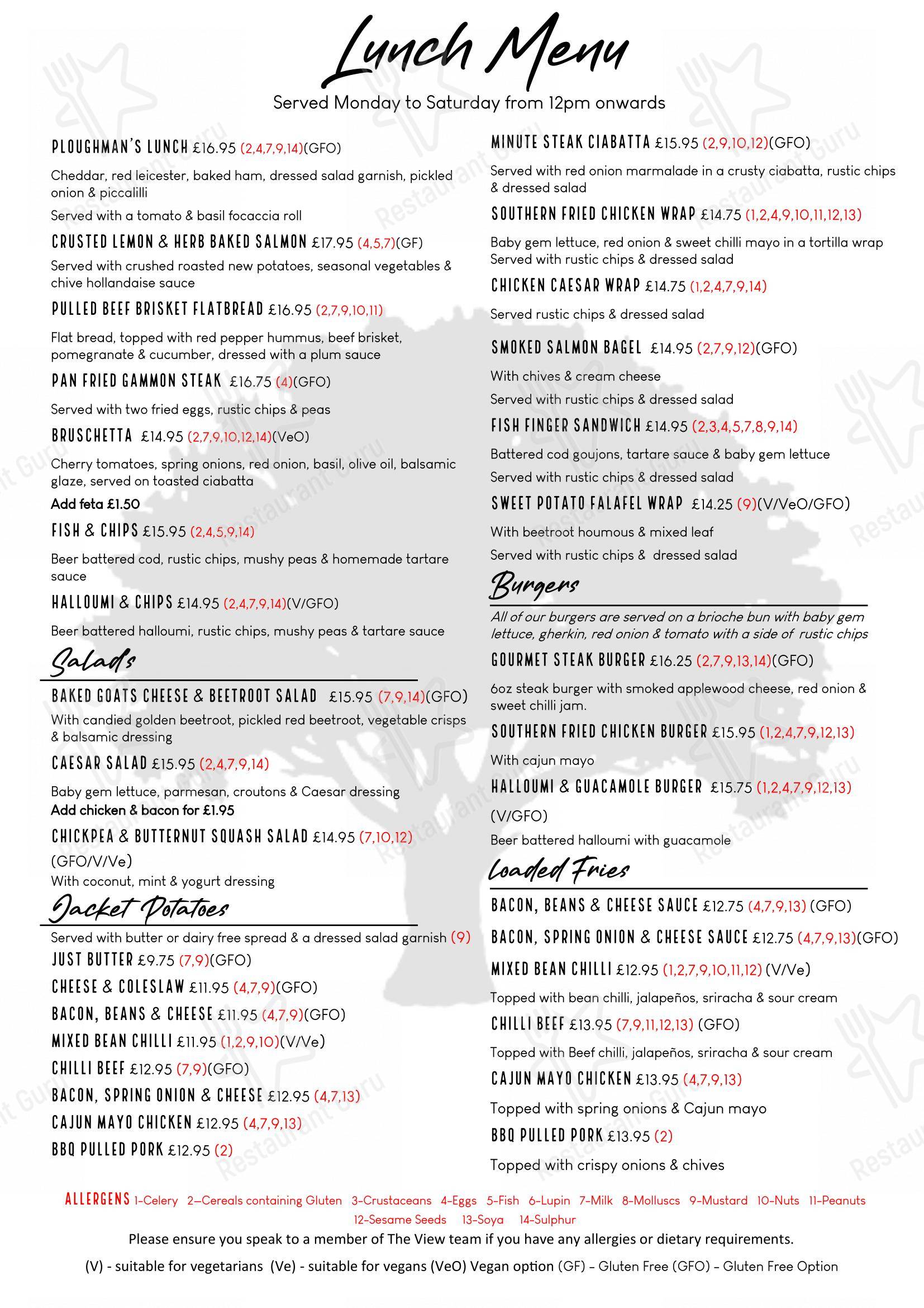 Menu at The View Wootton Wawen restaurant, Henley-in-Arden