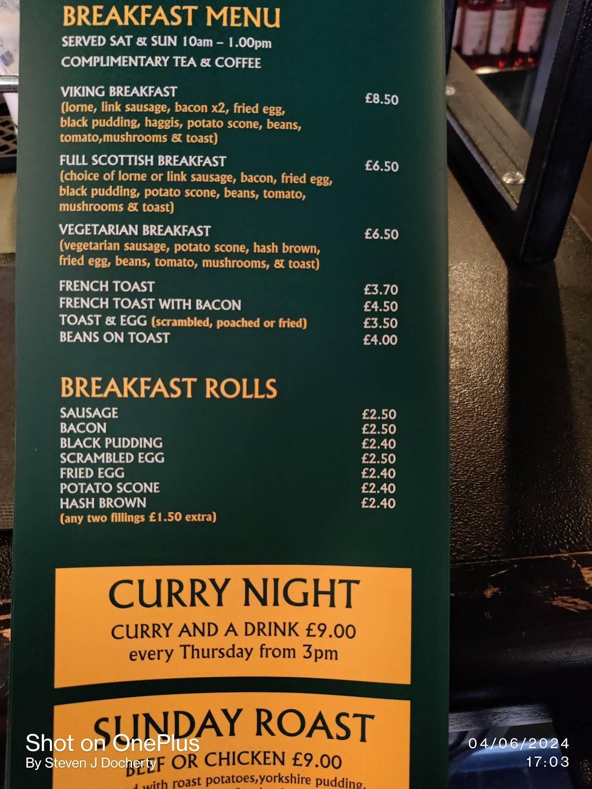 Menu at The Viking Bar, Glasgow