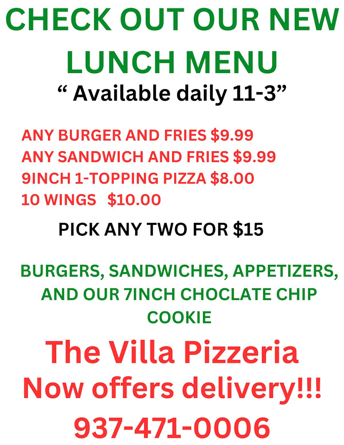 Menu at The Villa Pizzeria, Springfield