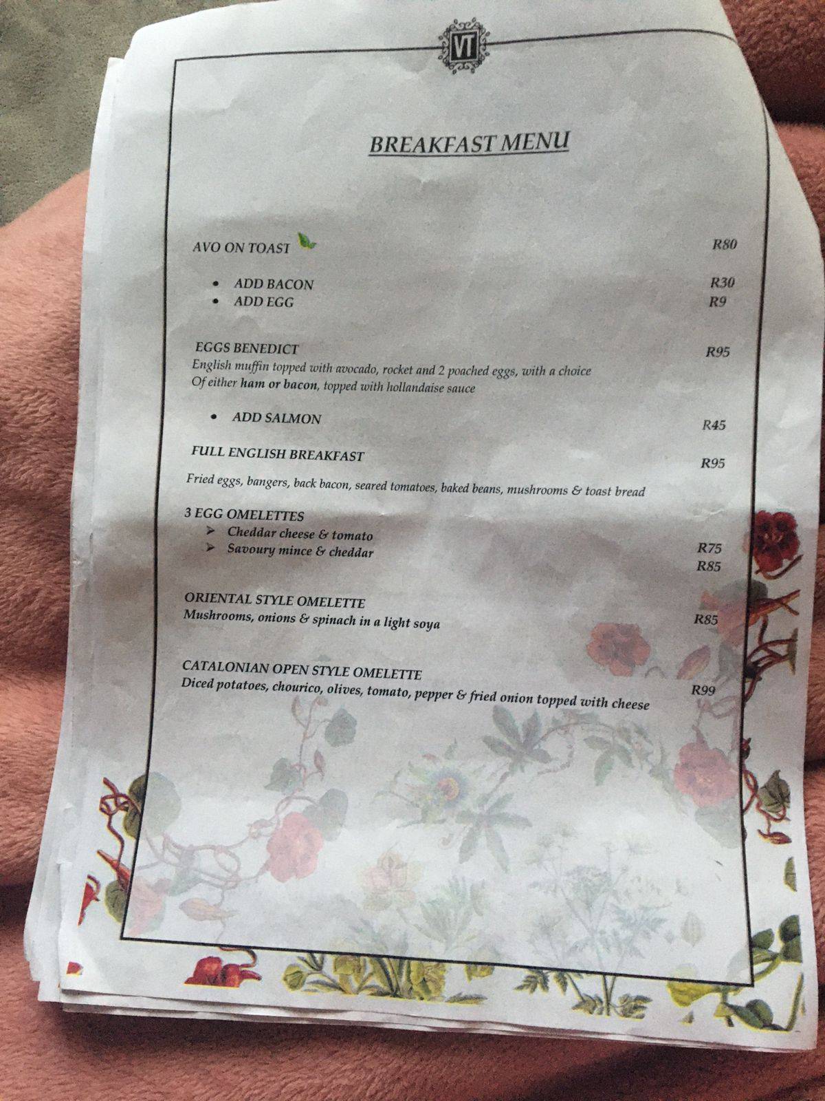 Menu at The Village Table restaurant, Durban
