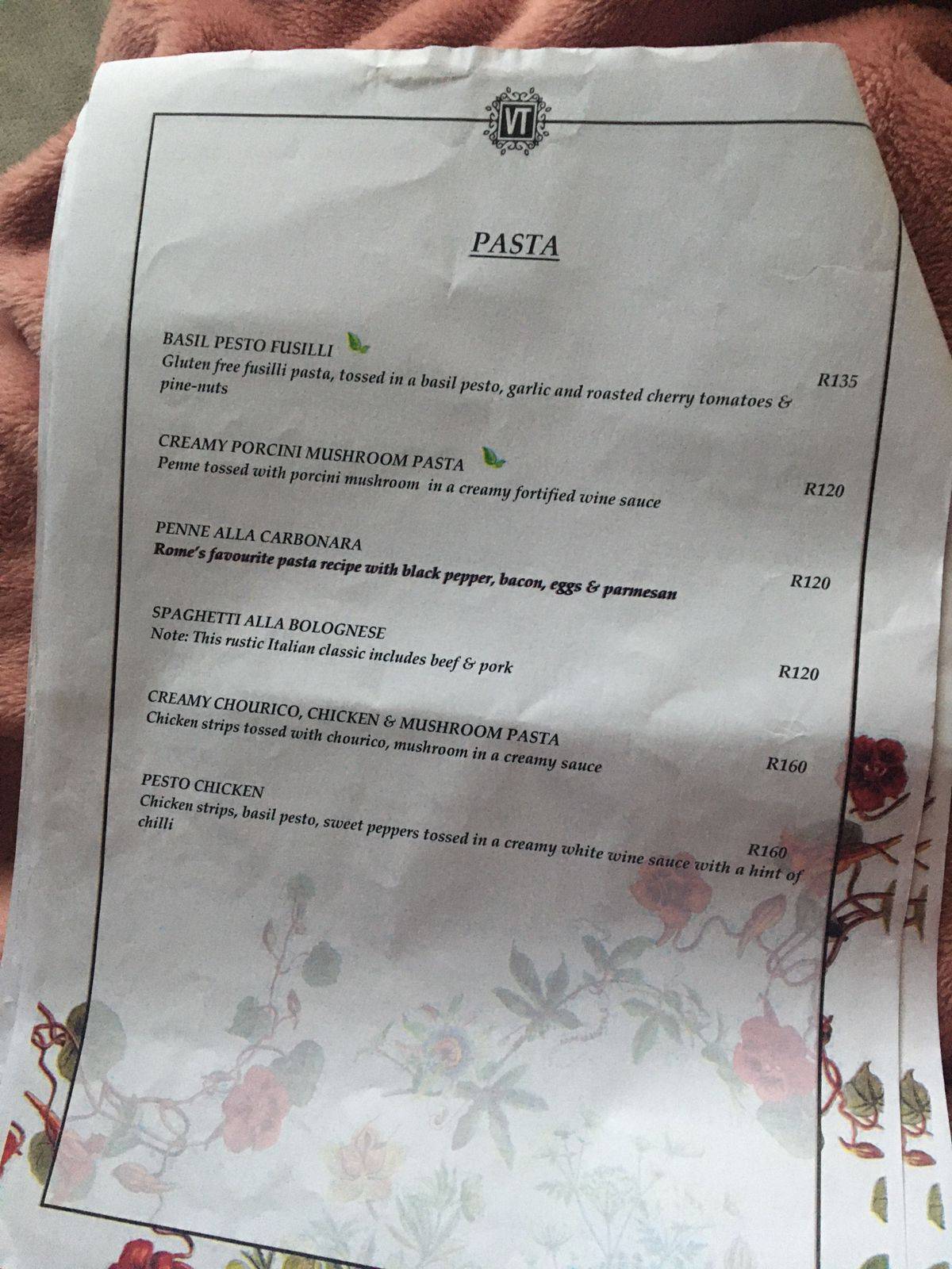 Menu at The Village Table restaurant, Durban