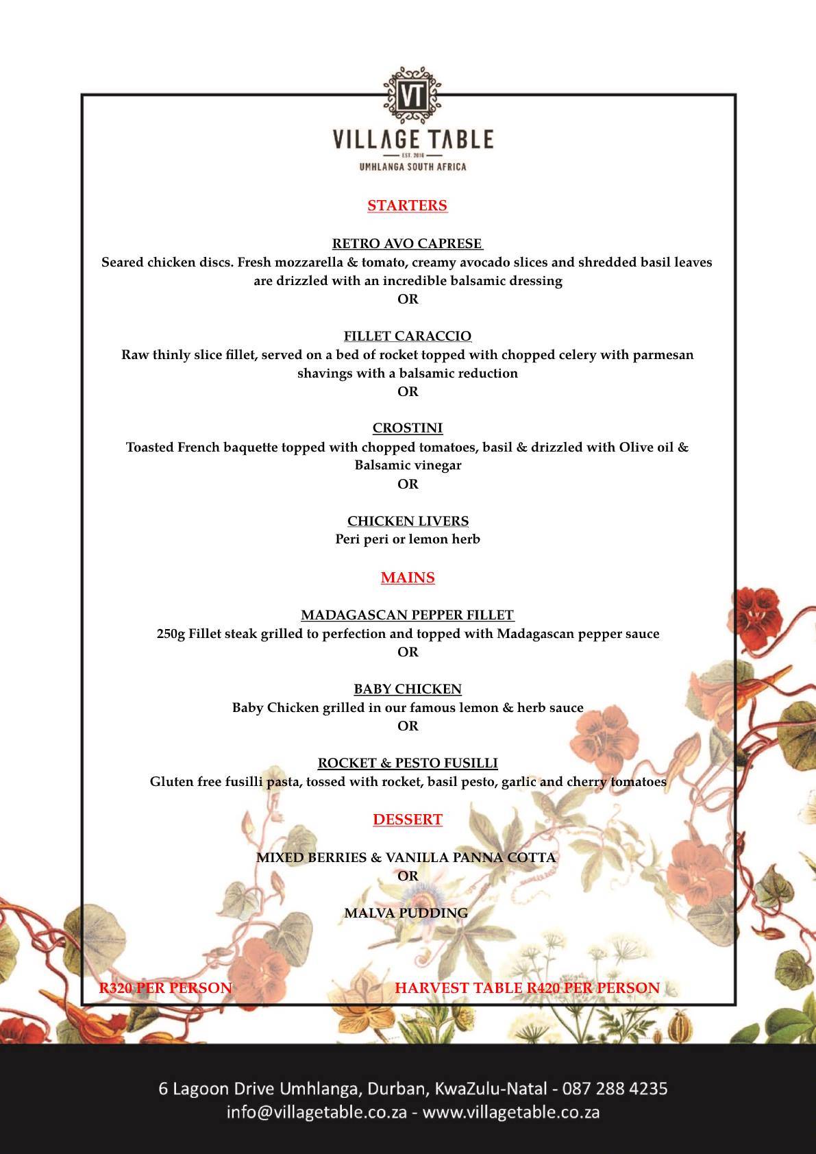 Menu at The Village Table restaurant, Durban