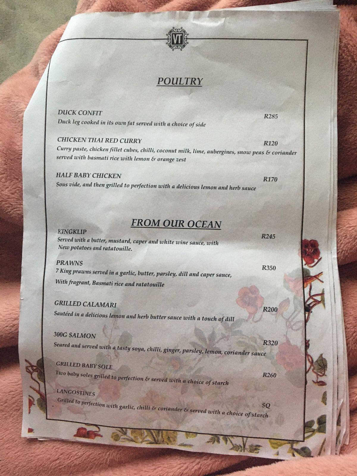 Menu at The Village Table restaurant, Durban