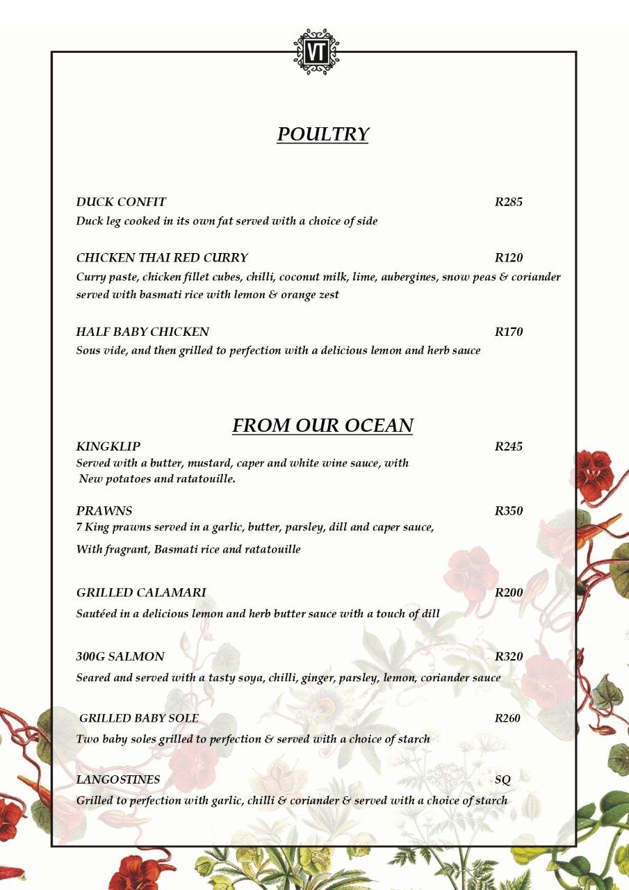 Menu at The Village Table restaurant, Durban