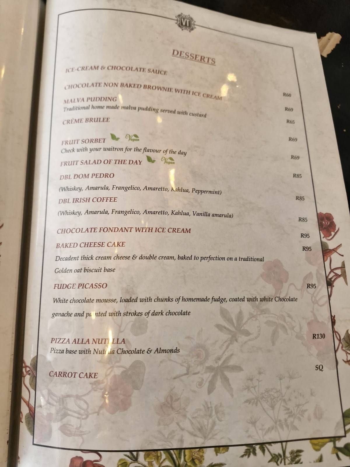 Menu at The Village Table restaurant, Durban