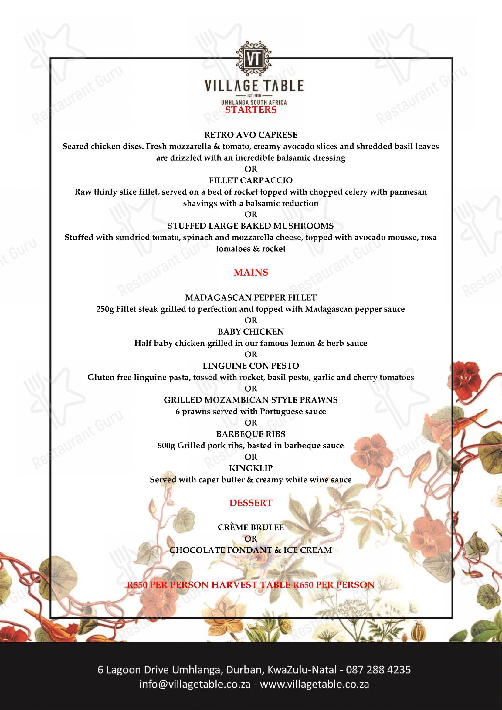 Menu at The Village Table restaurant, Durban