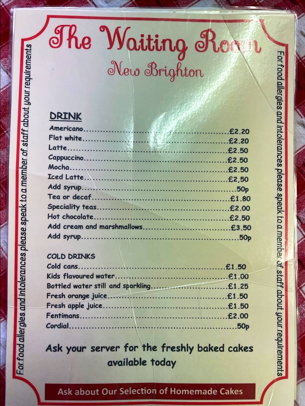 Menu at The Waiting Room Cafe, Wallasey