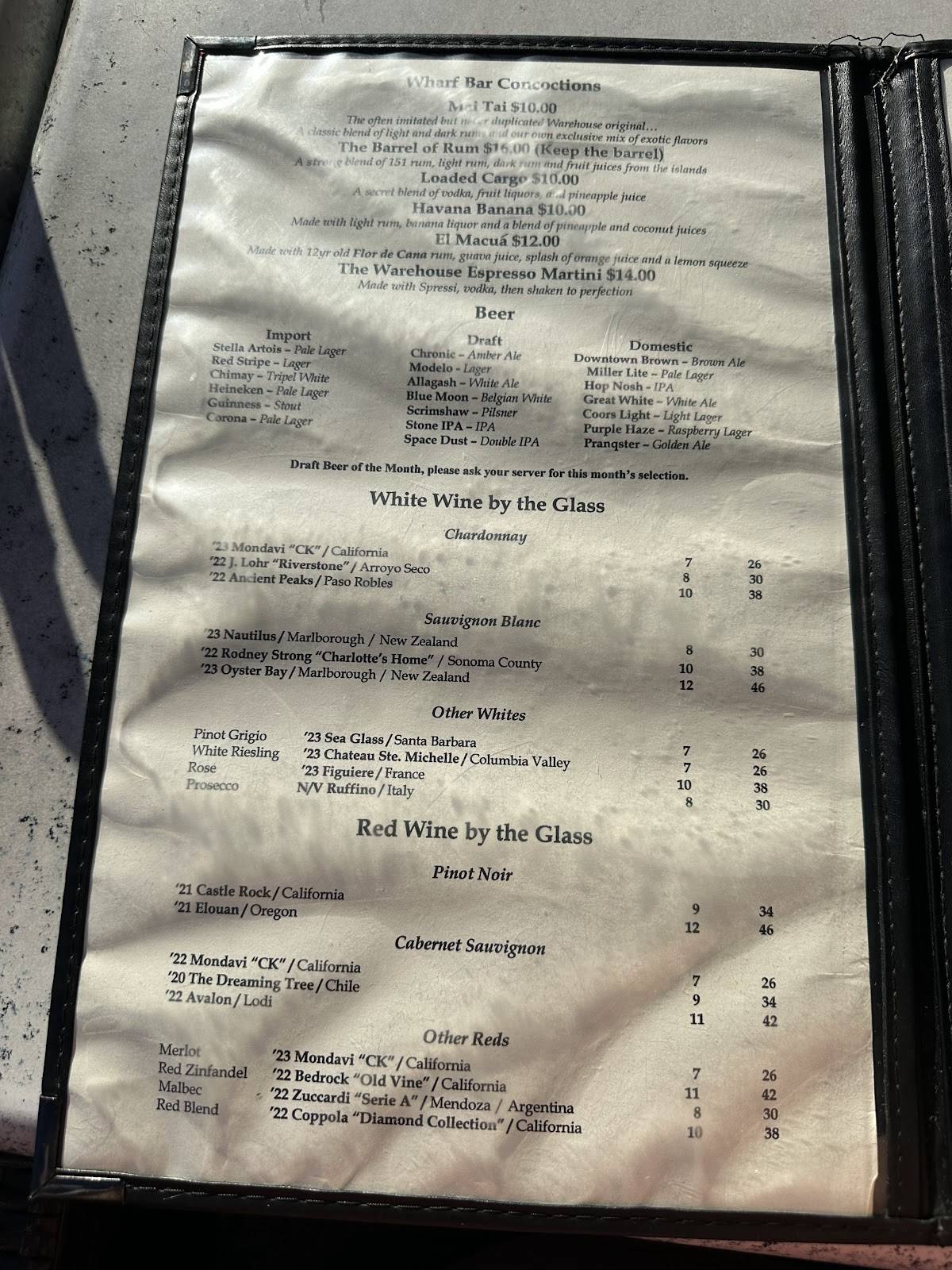 Menu at The Warehouse Restaurant, Marina del Rey