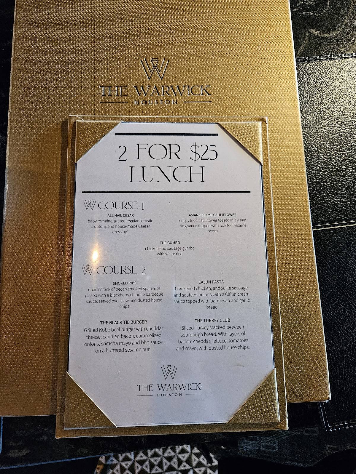 Menu at The Warwick restaurant, Houston