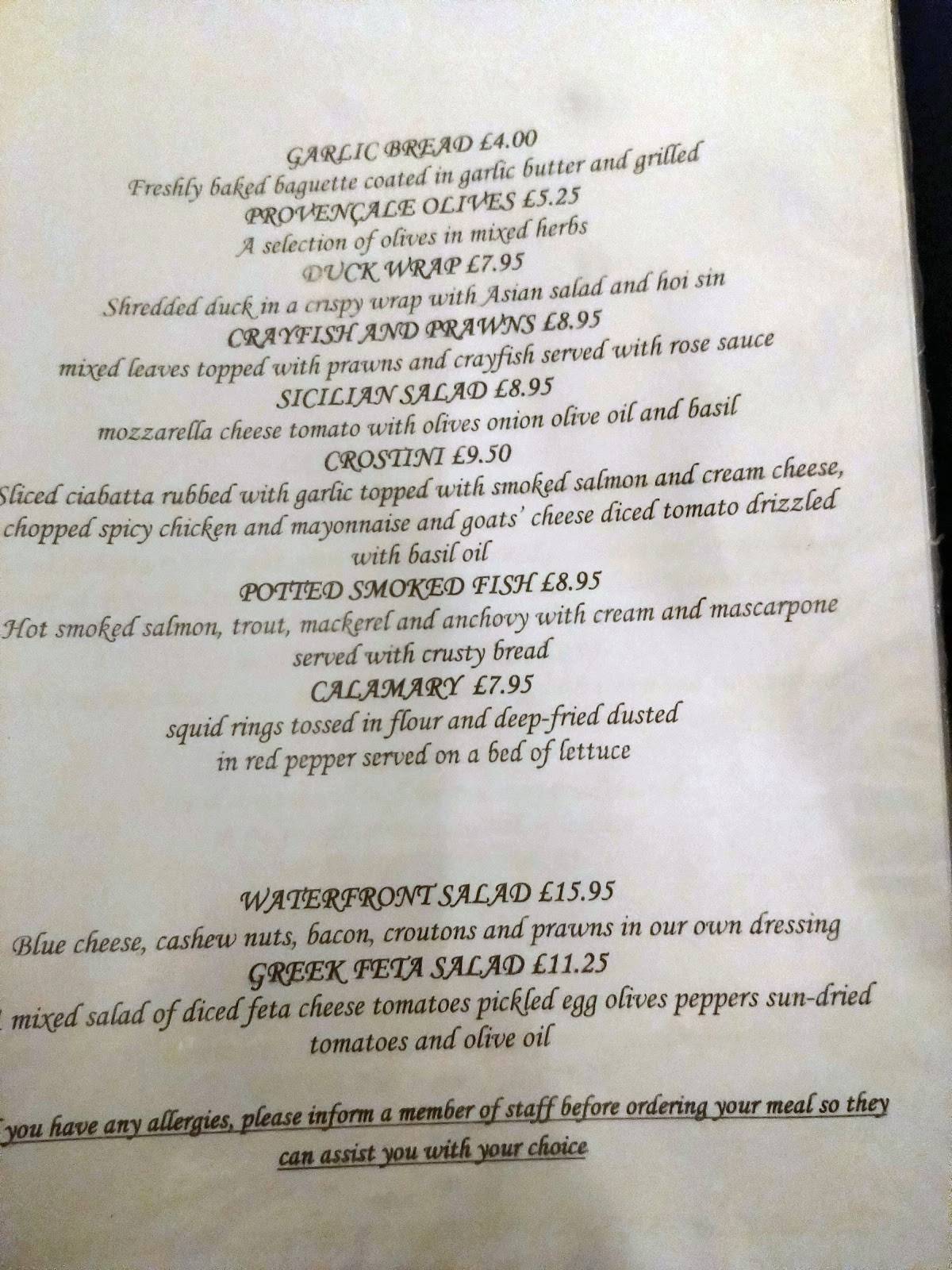 Menu at The Waterfront restaurant, Lowestoft
