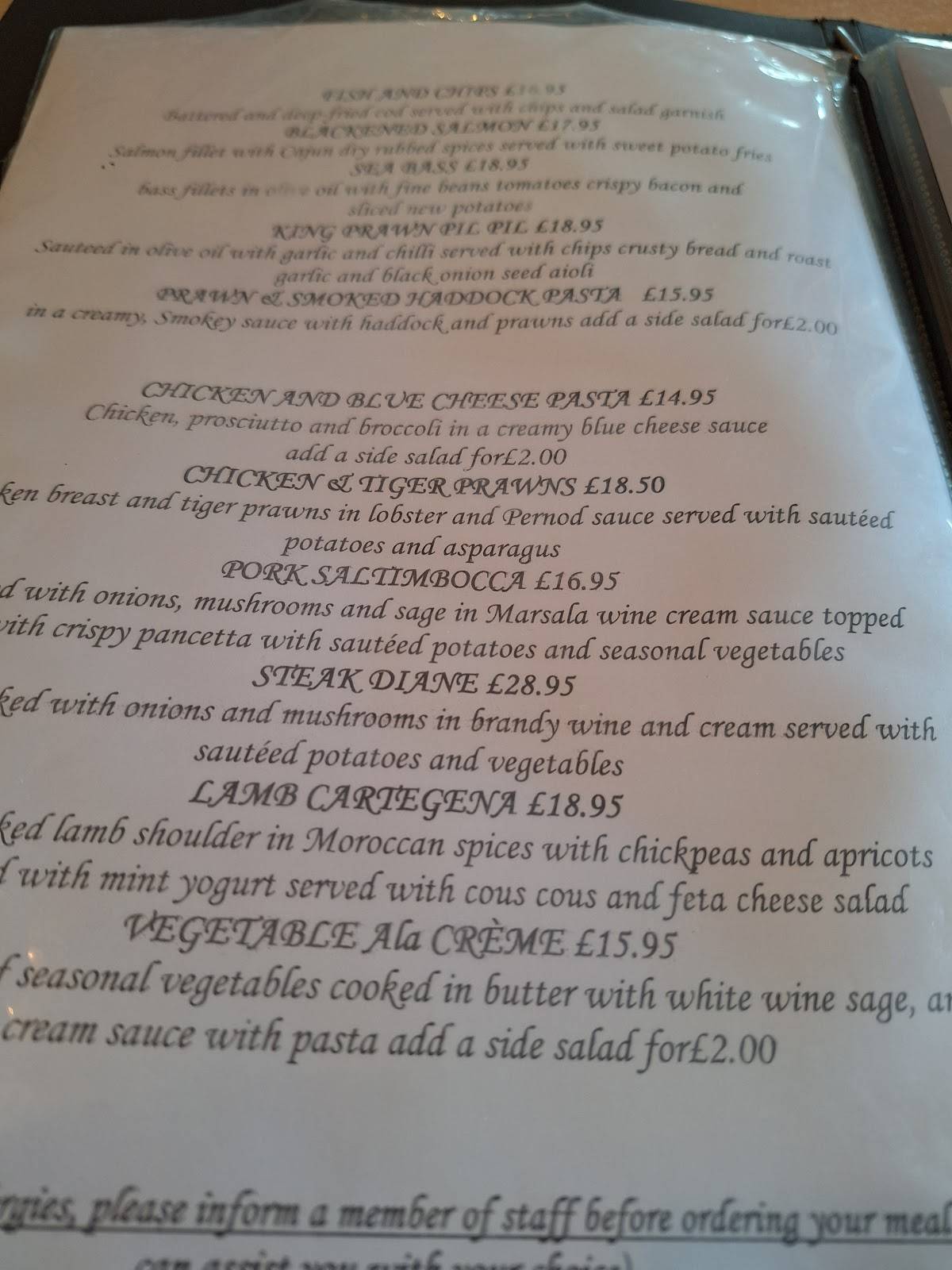 Menu at The Waterfront restaurant, Lowestoft
