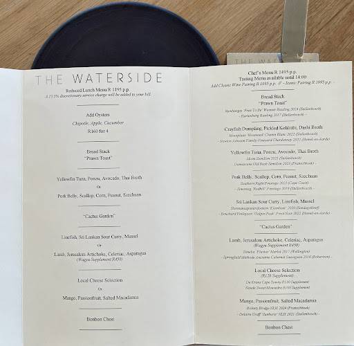 Menu at The Waterside restaurant, Cape Town