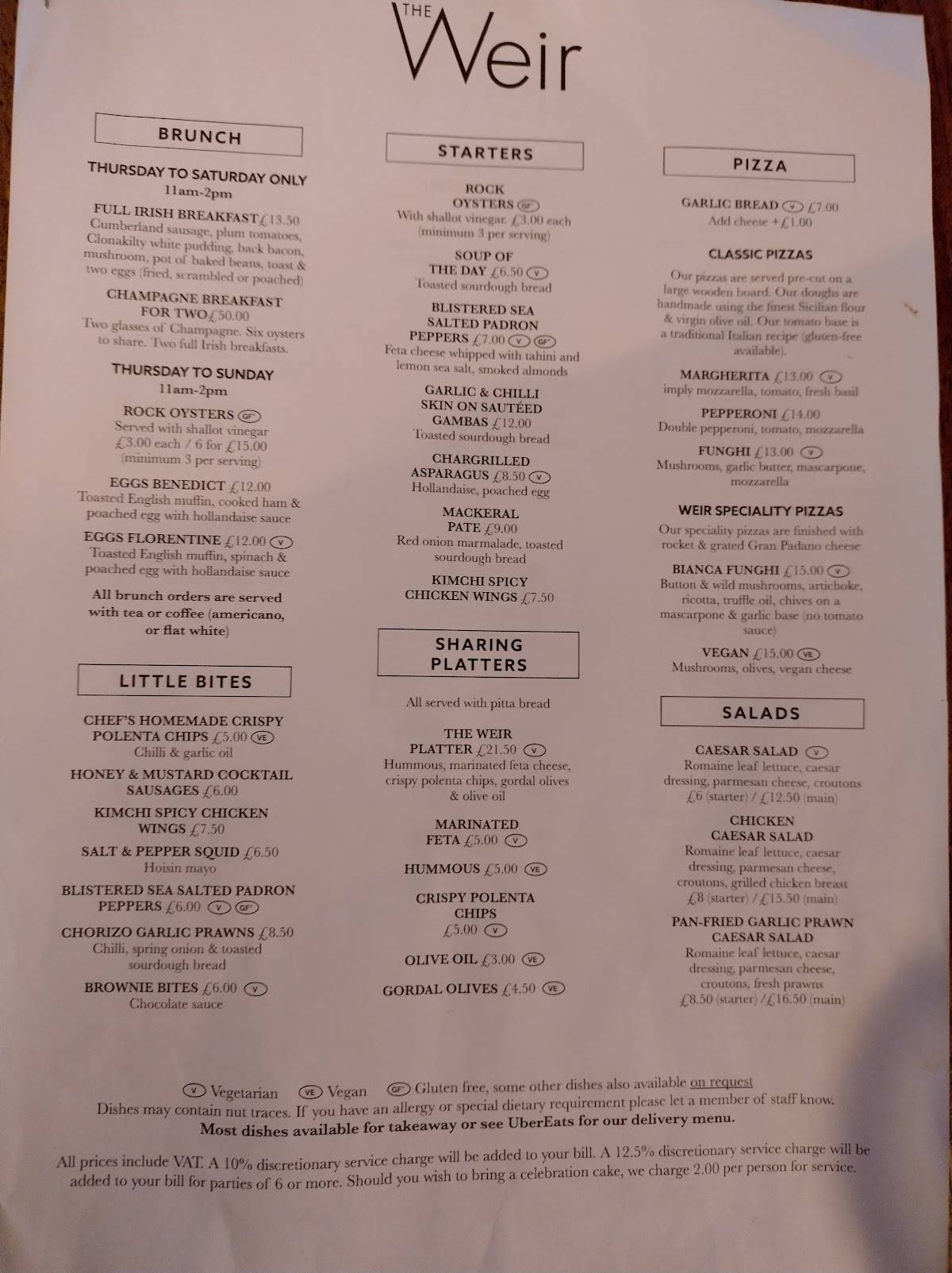 Menu at The Weir Bar, Brentford