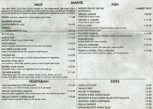 Menu at The Weir Bar, Brentford