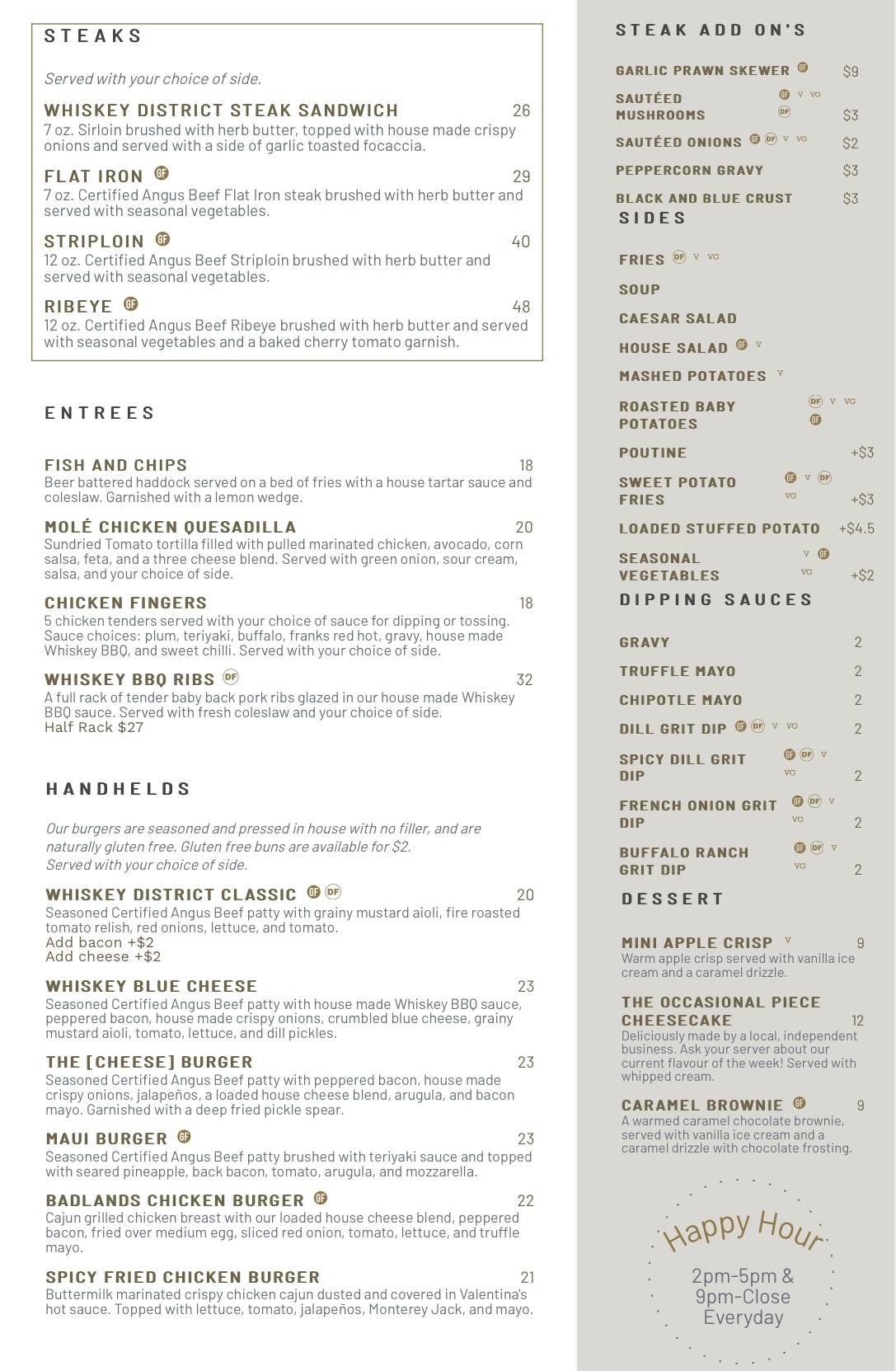 Menu at The Whiskey District steakhouse, Medicine Hat
