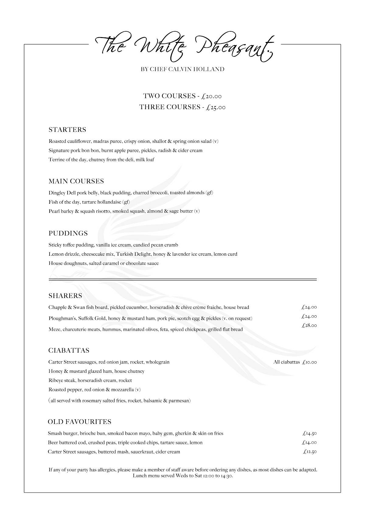 Menu at The White Pheasant Fordham pub & bar, Isleham
