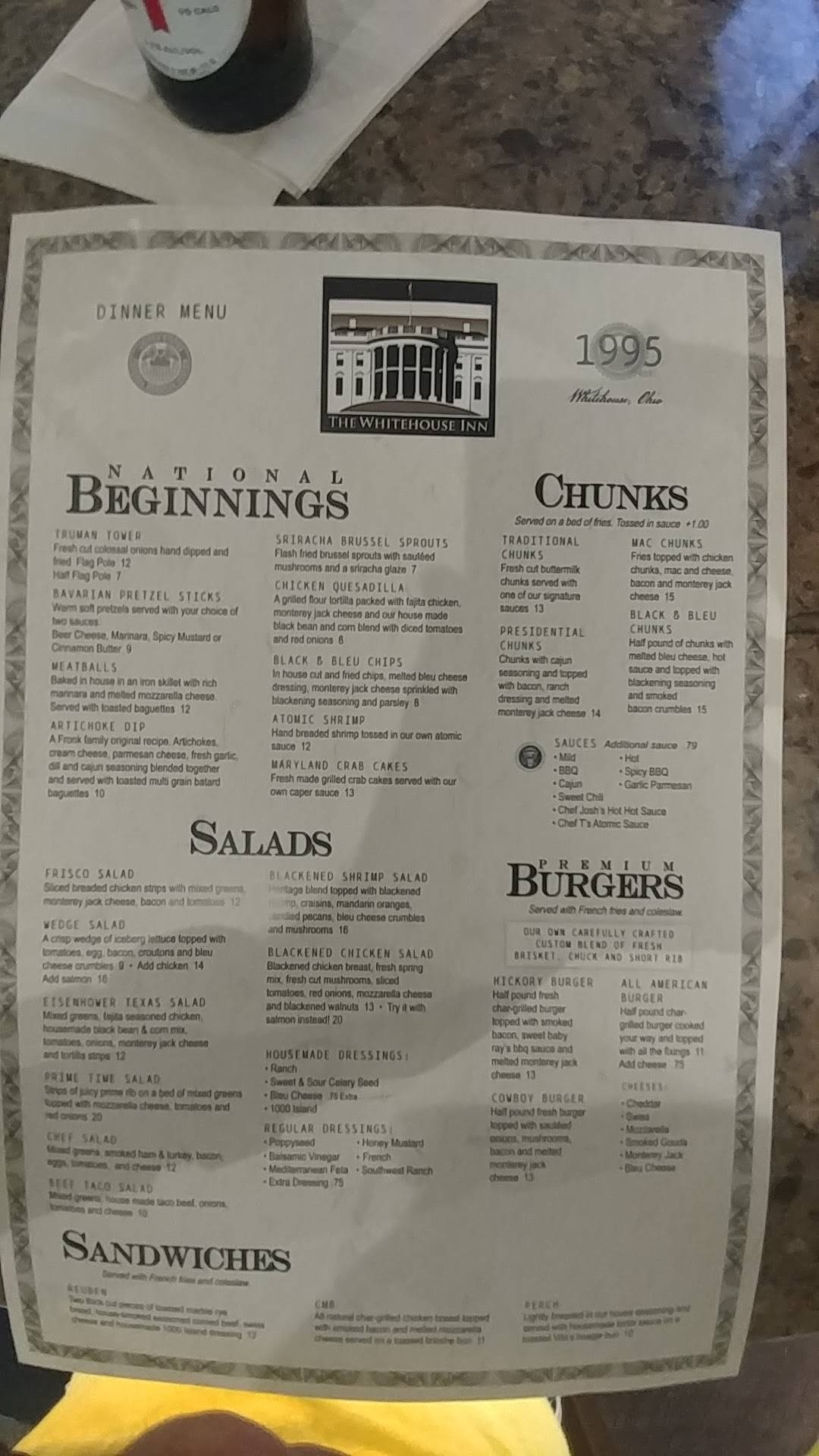 Menu at The Whitehouse Inn steakhouse, Whitehouse
