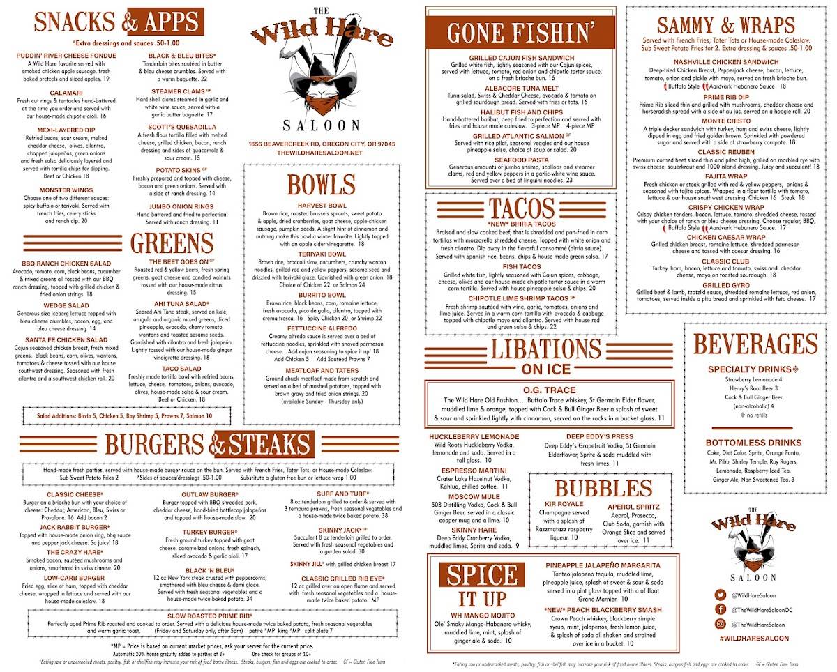 Menu at The Wild Hare Saloon & Cafe, Oregon City
