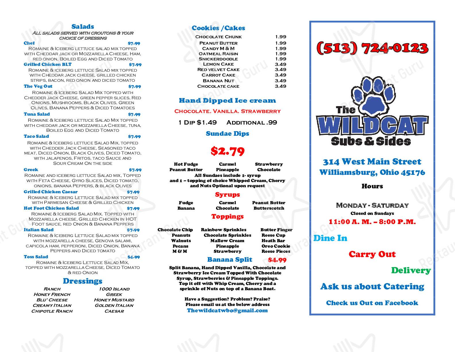 Menu at The Wildcat Subs & Sides restaurant, Williamsburg