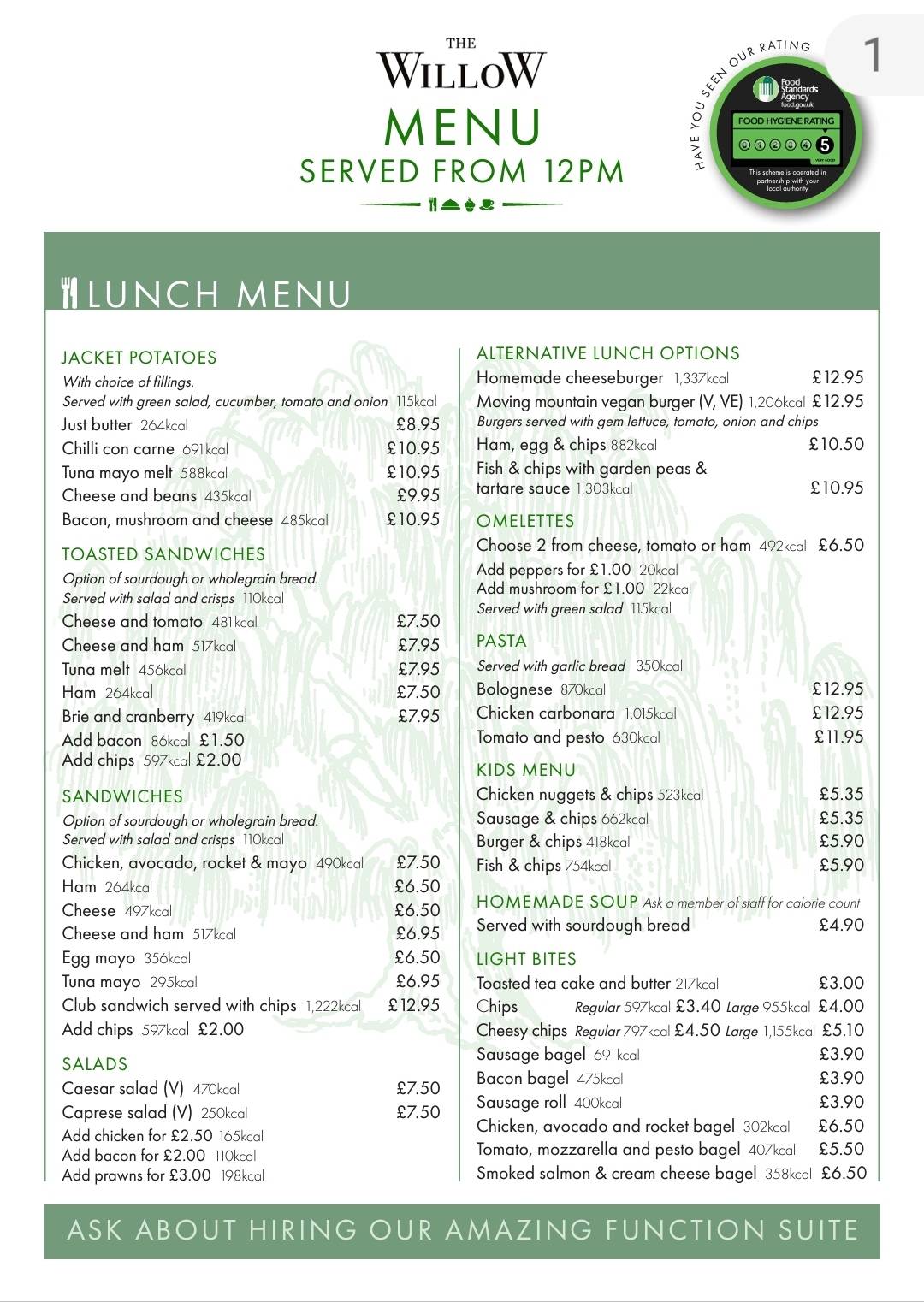 Menu at The Willow Cafe Bar, Peterborough, Central Park