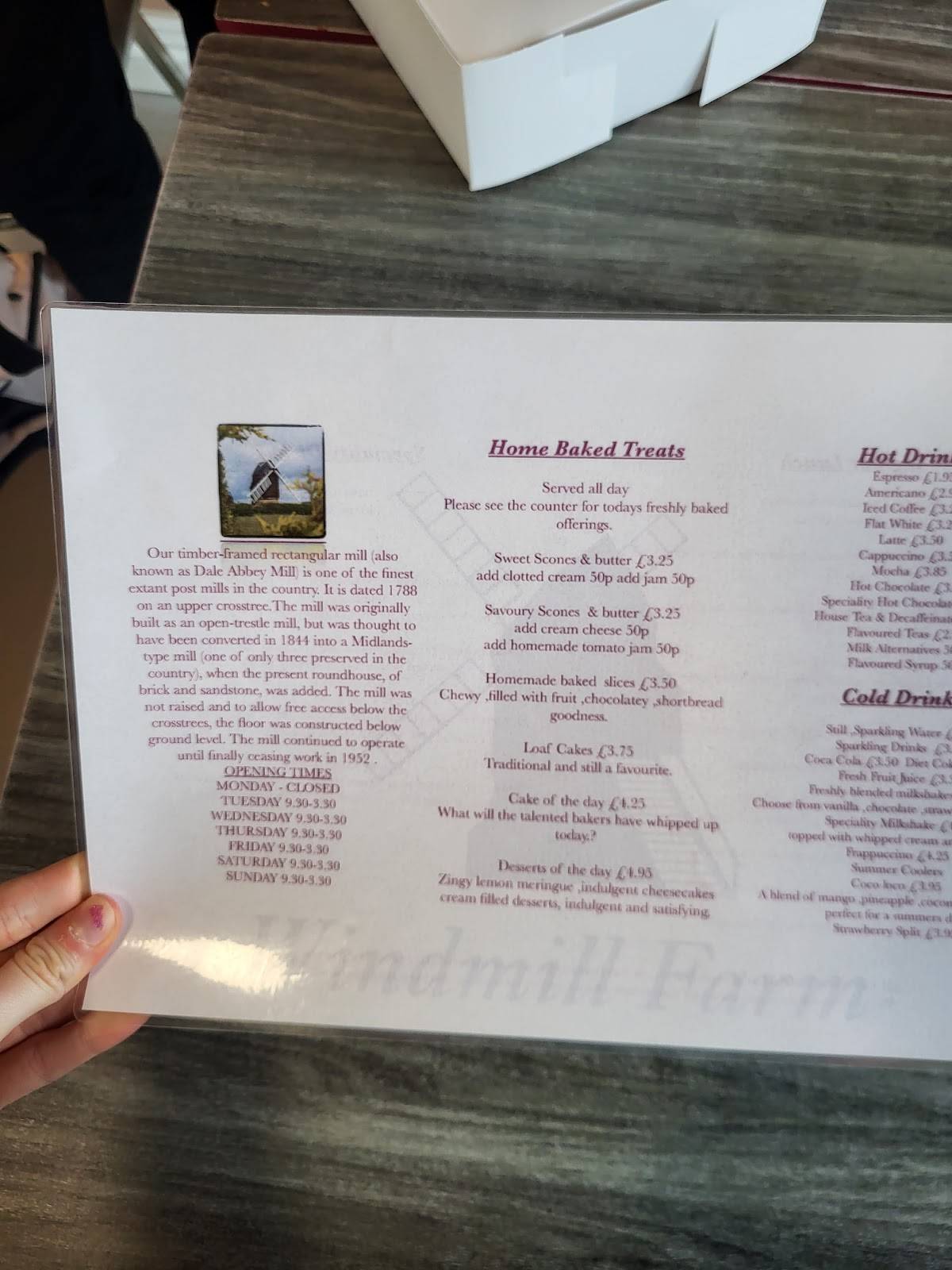 Menu at The Windmill Farm cafe, Ilkeston