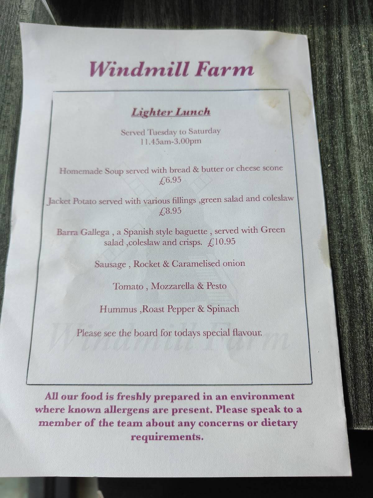 Menu at The Windmill Farm cafe, Ilkeston