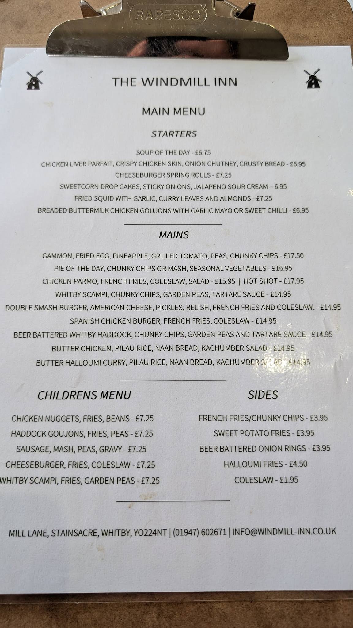 Menu at The Windmill Inn pub & bar, Whitby, Stainsacre Ln