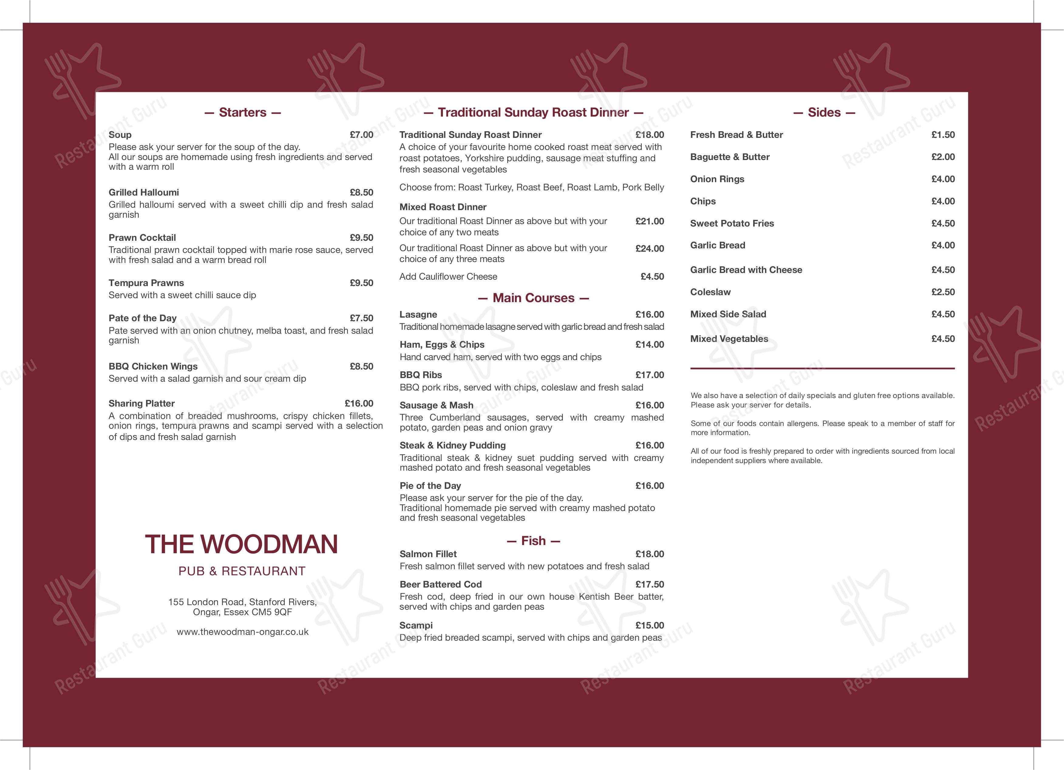 Menu at The Woodman pub & bar, Ongar, 155 London Rd