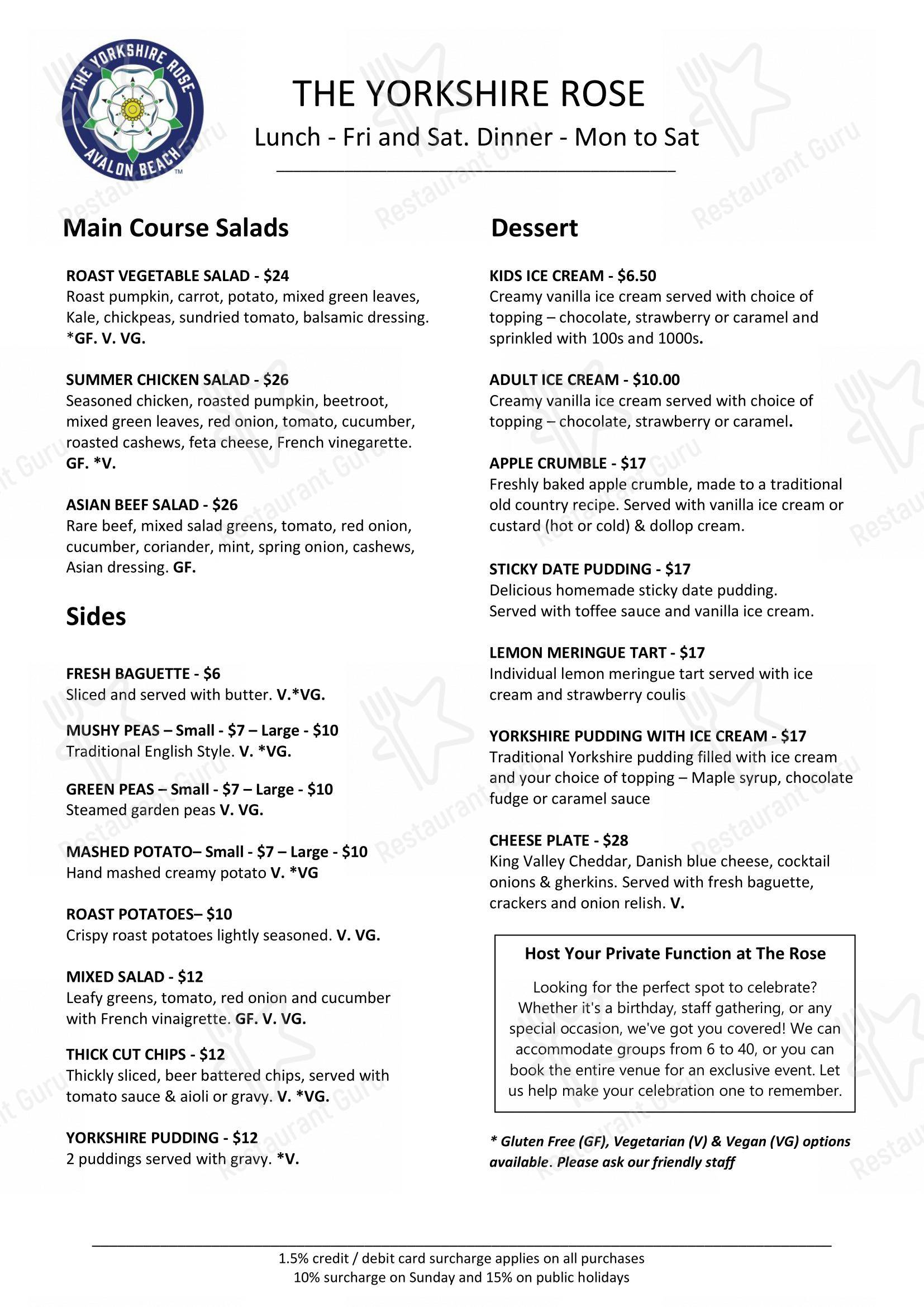 Menu at The Yorkshire Rose Avalon Beach pub & bar, Avalon Beach