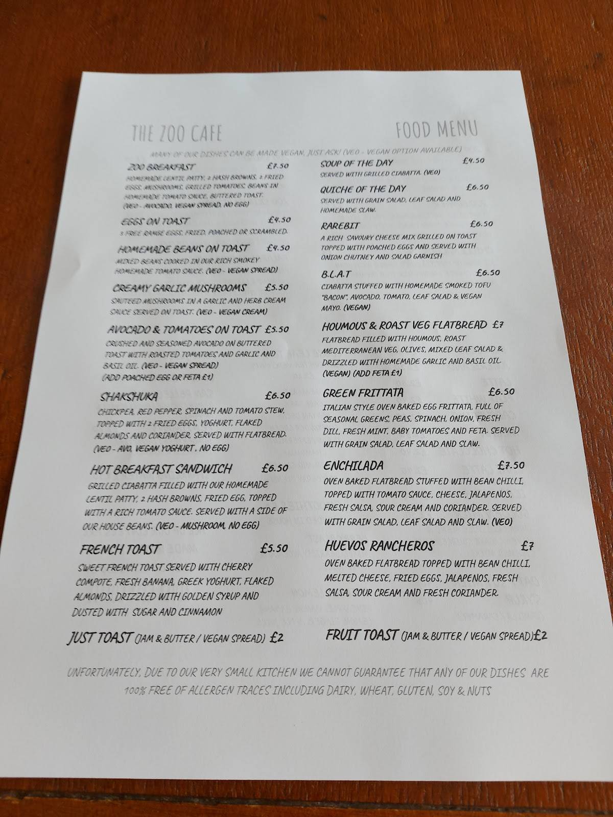 Menu at The Zoo cafe, Hull, 80 Newland Ave